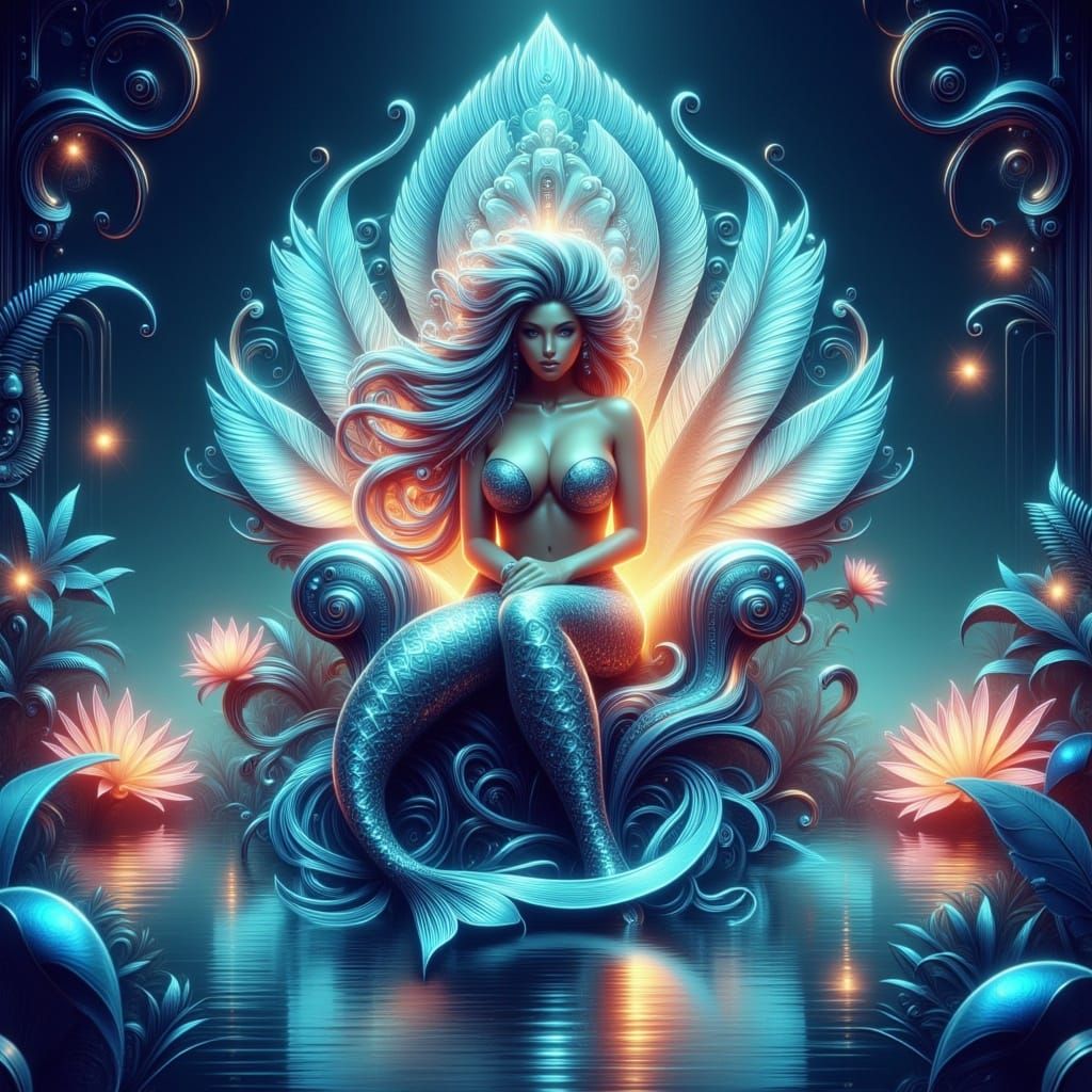 Majestic Mermaid on Art Nouveau Throne - AI Art