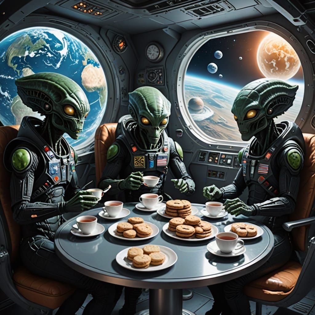Aliens Enjoy Tea and Biscuits in Cosmic Spaceship - AI Art
