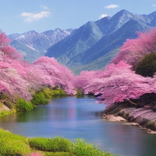 Vibrant Neon Cherry Blossom Landscape with Majesti... - AI Art