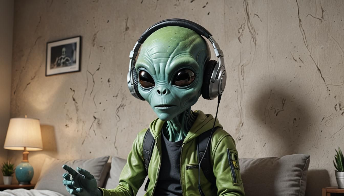 an alien wearing headphones and chillaxin to the maxin - AI Generated ...