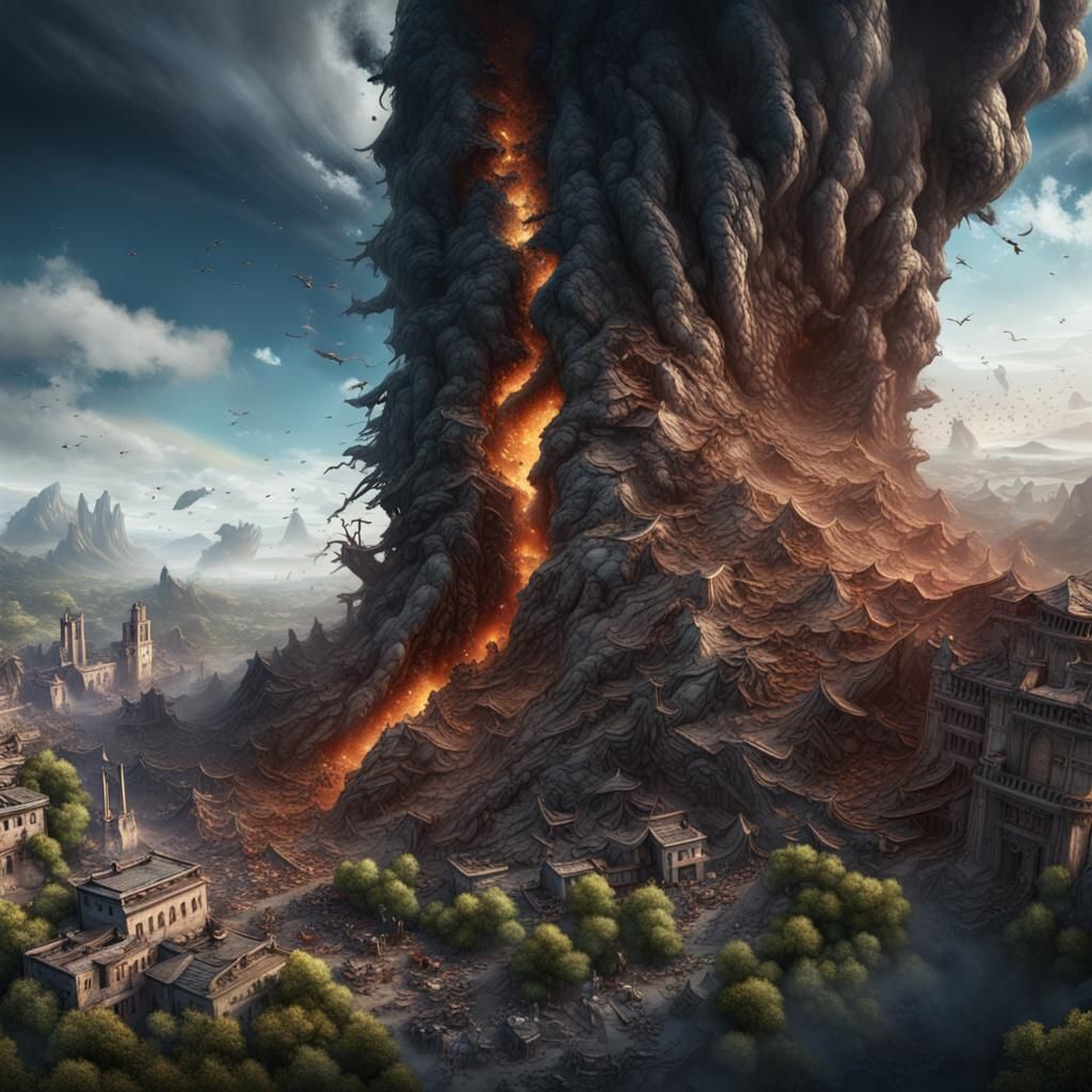 a top view of a massive earthquake leaving a trail of destruction ...