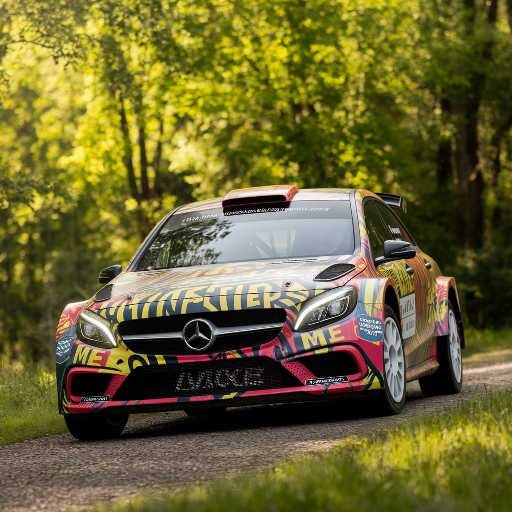 Mercedes-benz rally car wrapped in "no monsters in me" artwork