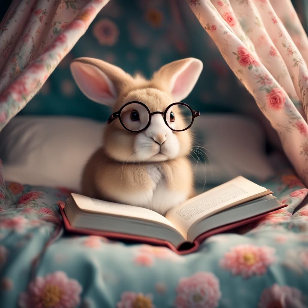Cute fluffy white bunny rabbit wears glasses and reads a book in a ...