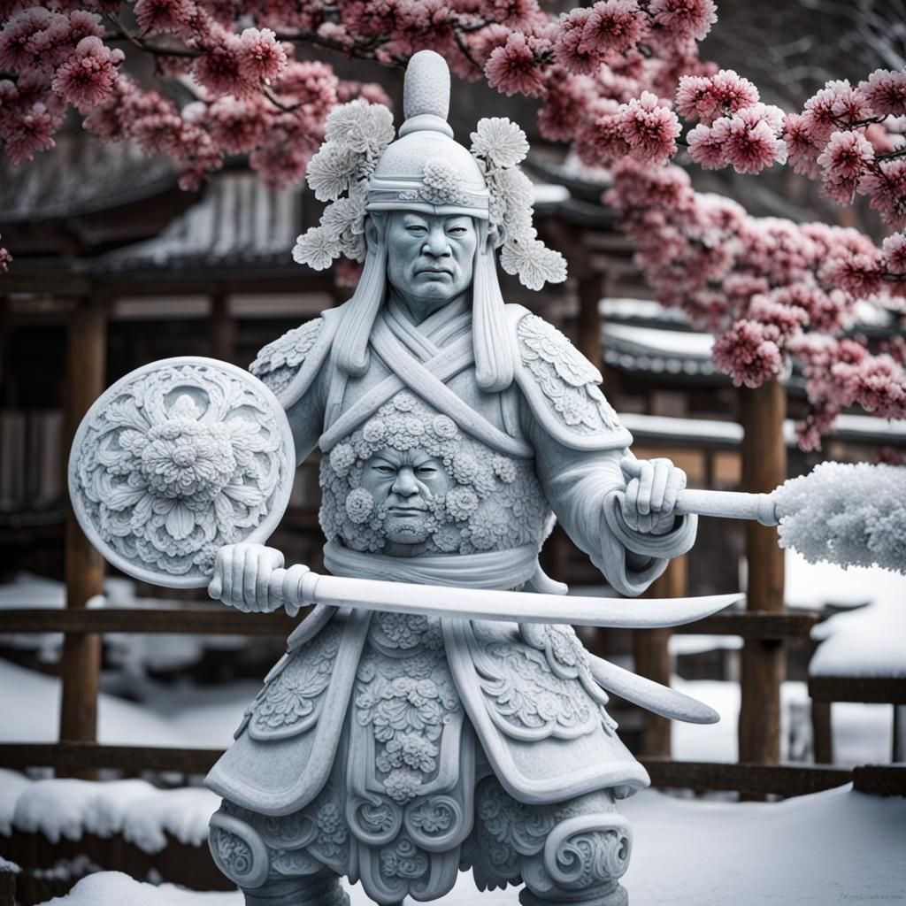 ice sculture of a samuri warrior in with lots of ornate flower ...
