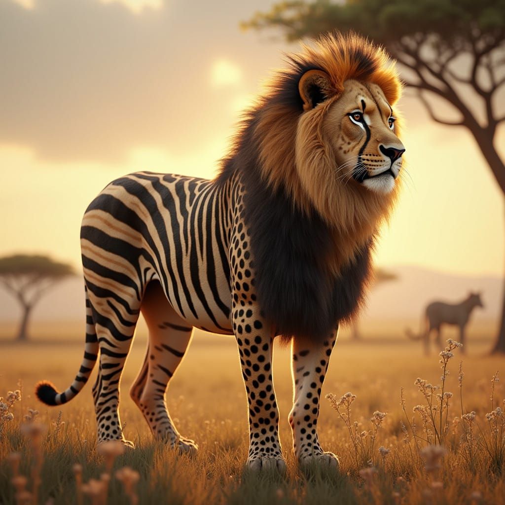 Majestic Lion-Zebra-Cheetah Hybrid Roams a Savanna... - AI Art