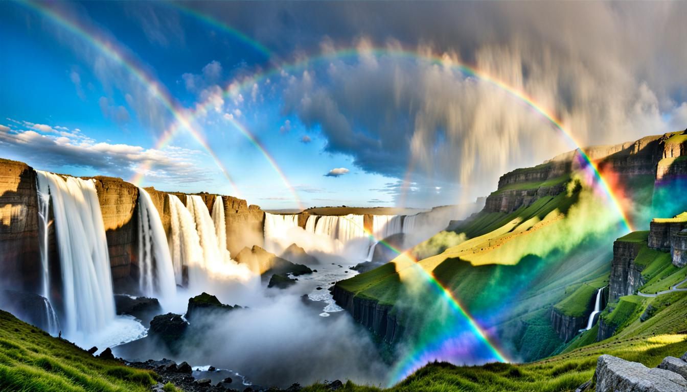 a fantastical dreamscape where a rainbow explodes into existence, its ...