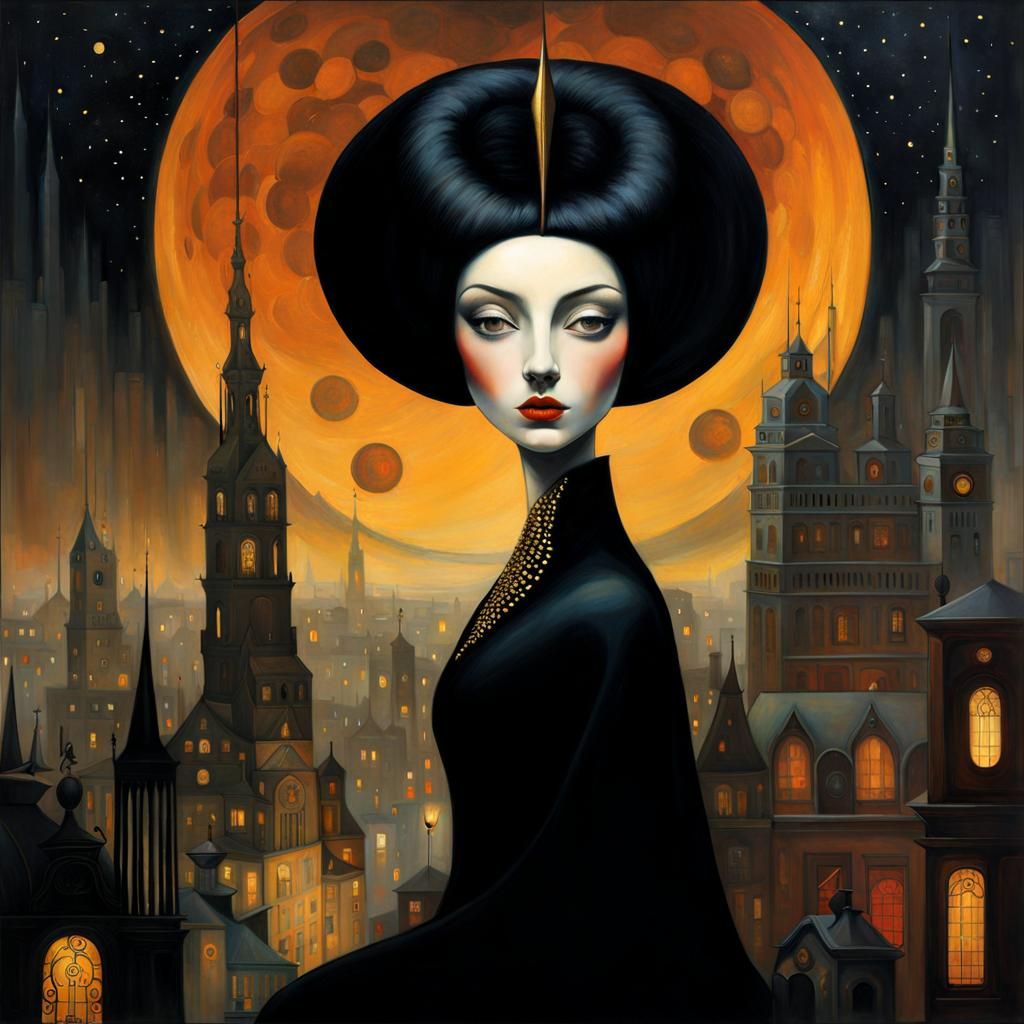 Cityscape at midnight by Bill Carman, by Dave McKean, by Dali, by Klimt ...