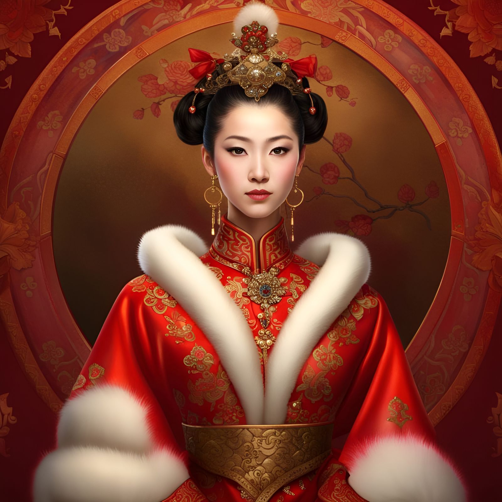 A bejeweled princess of China with a bun in her hair and wearing a red ...