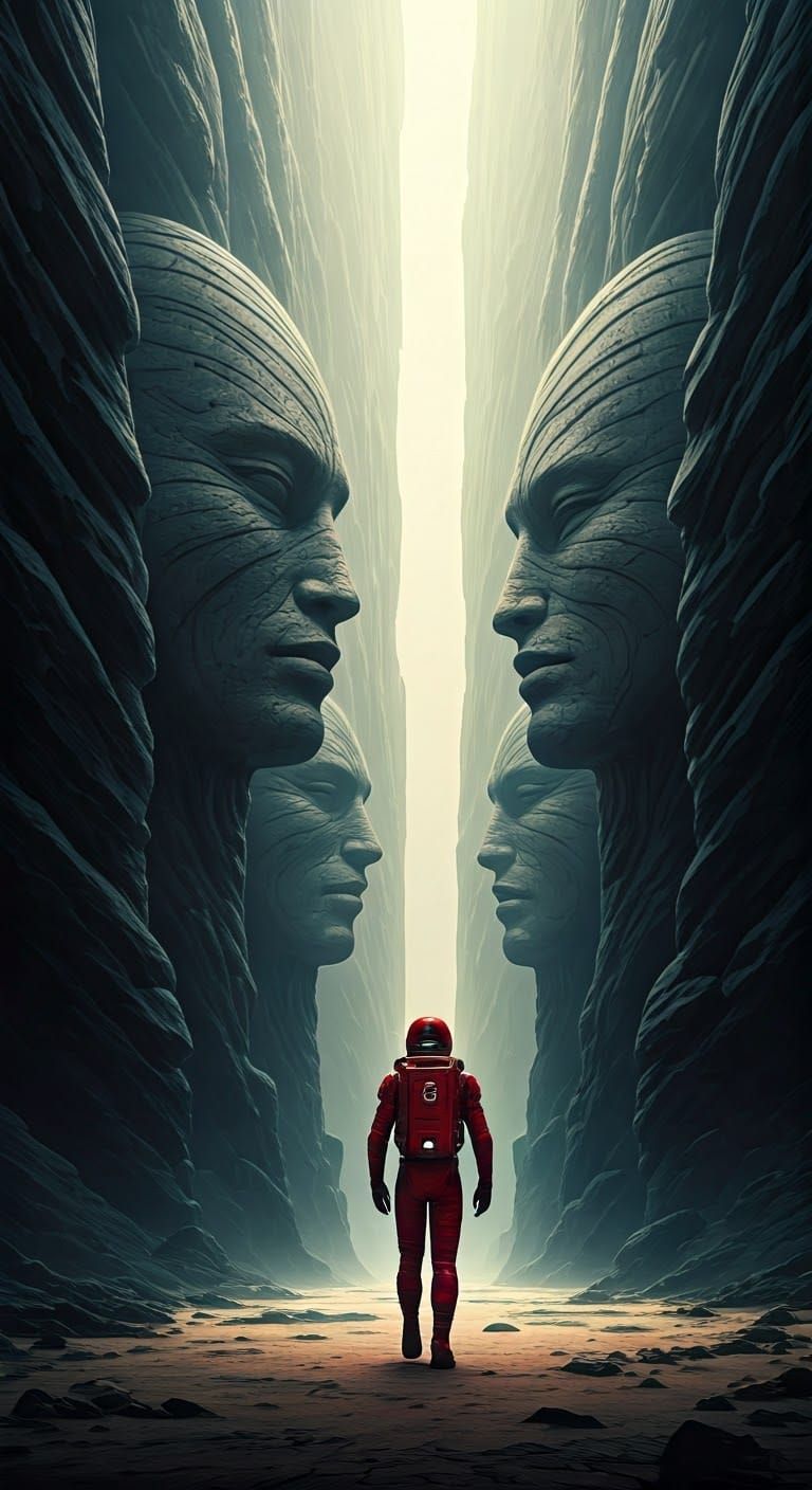 Astronaut Walks Alien Canyon, Flanked by Ancient Beings