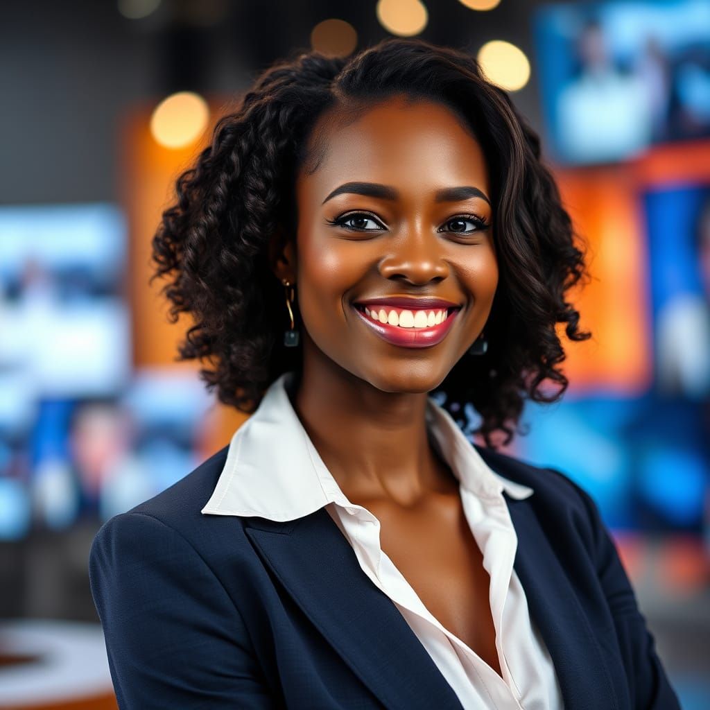 Smiling Black TV Presenter in Studio, Photo Realis... - AI Art