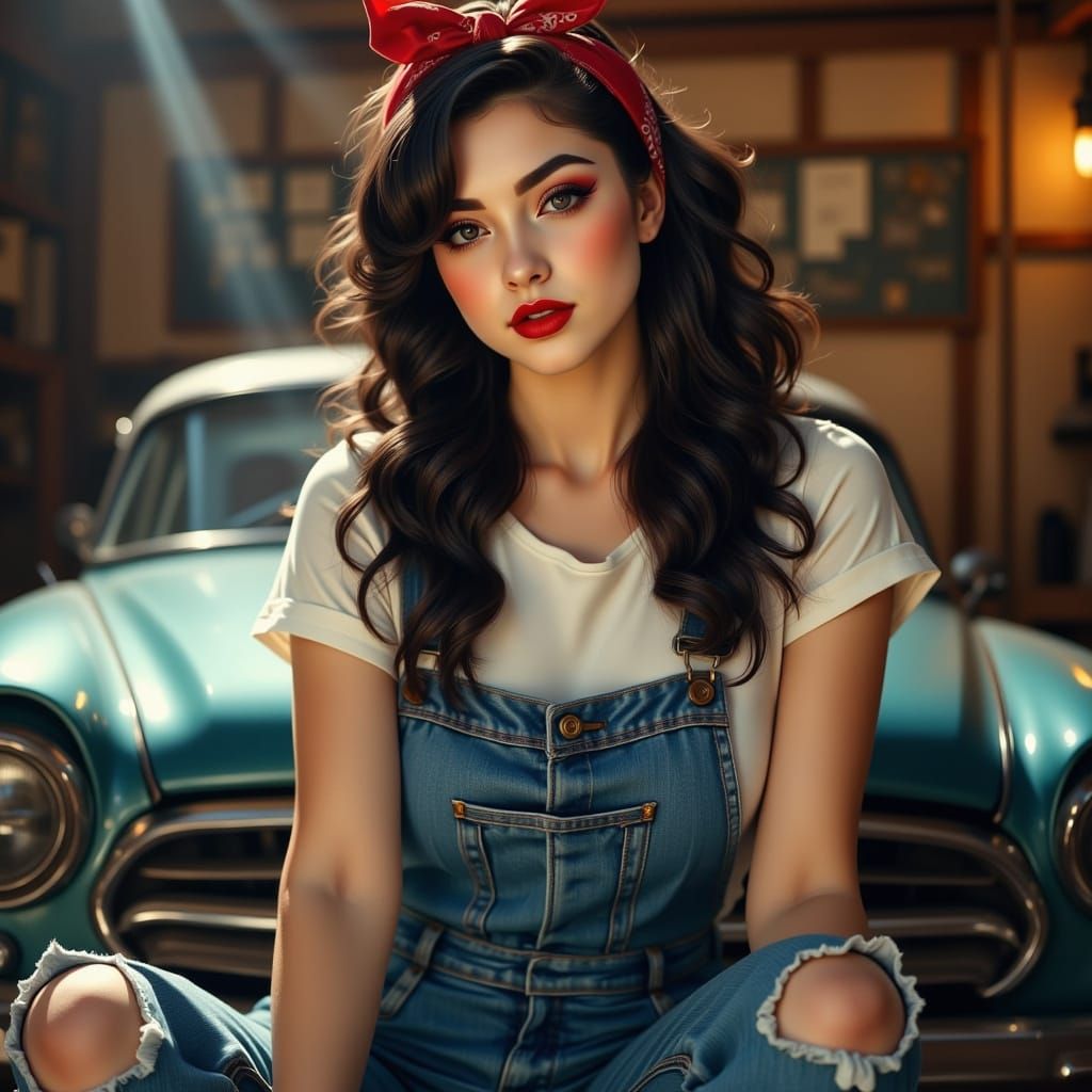 a stylish, confident woman with vintage 1950s pin-up aesthetics sits ...