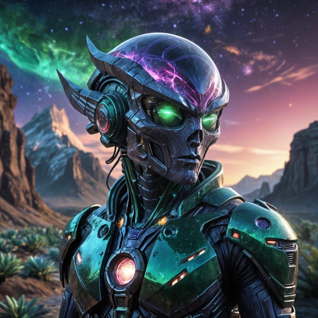Cyber alien - Ethereal Cyberpunk Warrior Amidst Lavender Val...
