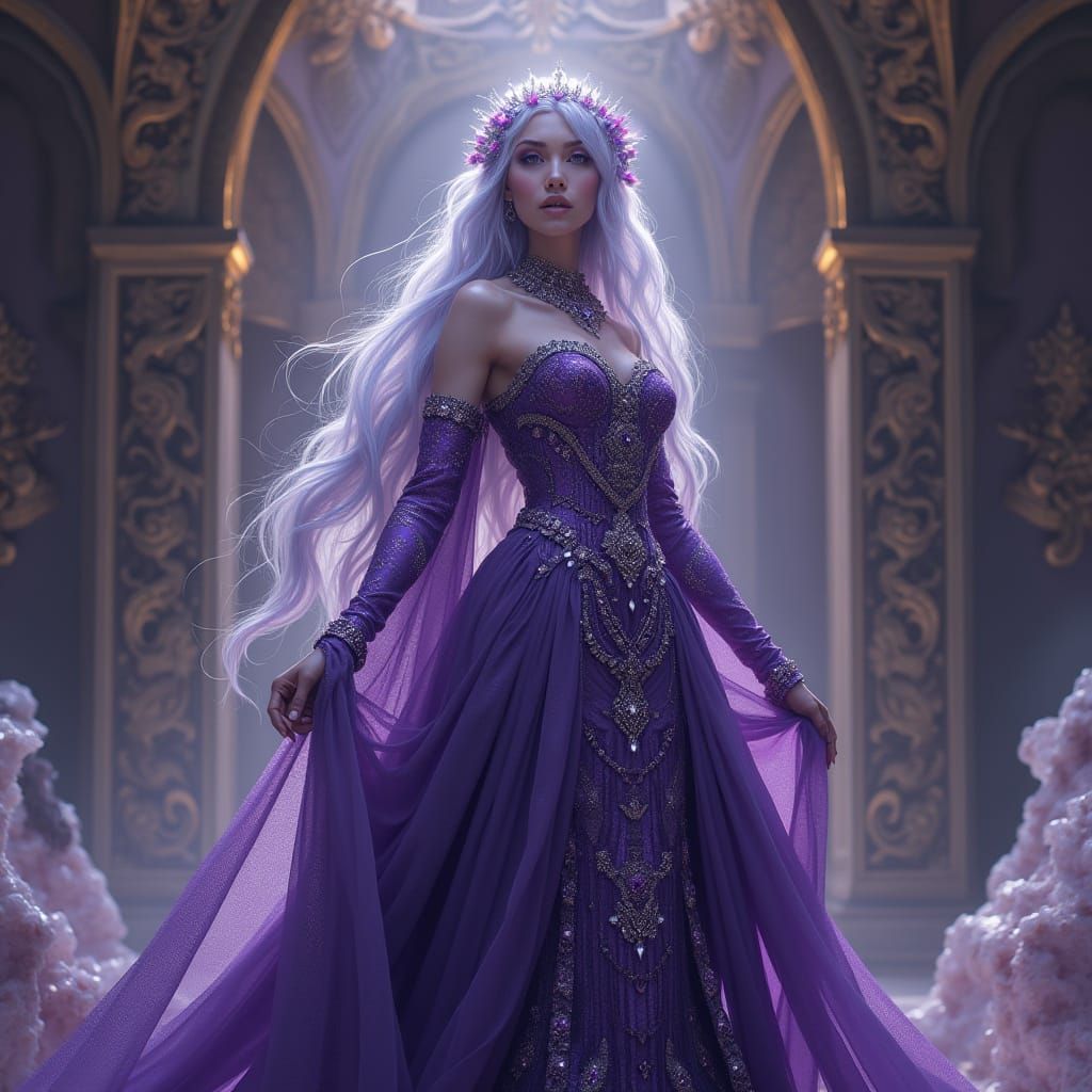 Majestic Amethyst Empress in Elaborate Gemstone Go... - AI Art