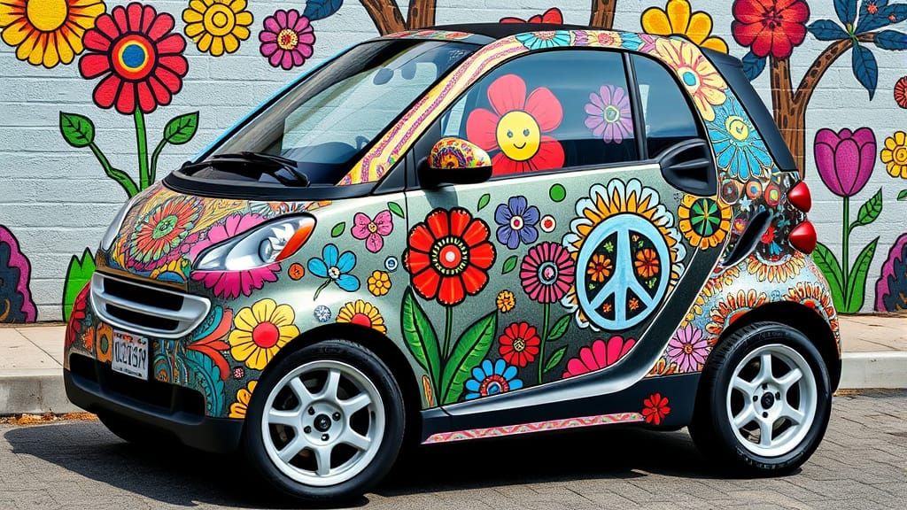 Flower Power Smart Car with Hippie Decorations - AI Art