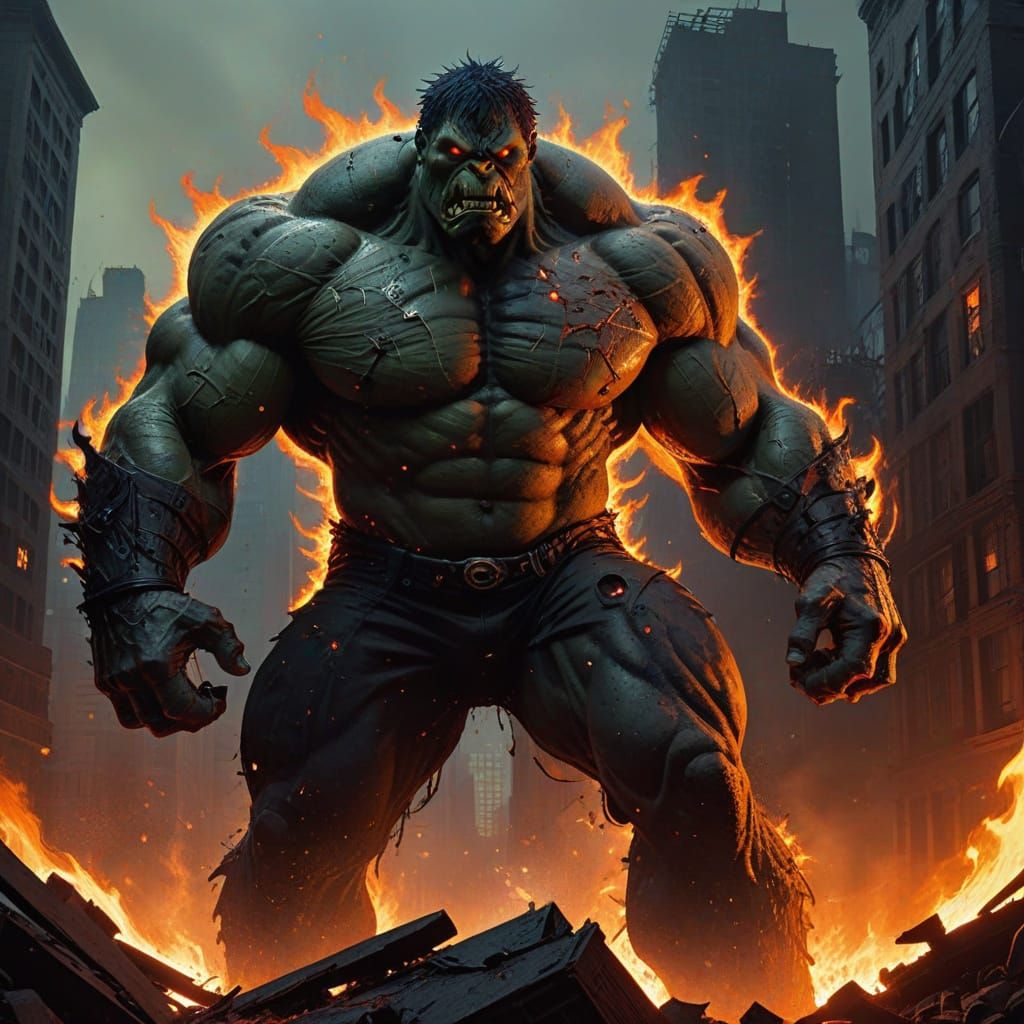 A demonic Hulk flexing his flaming muscles