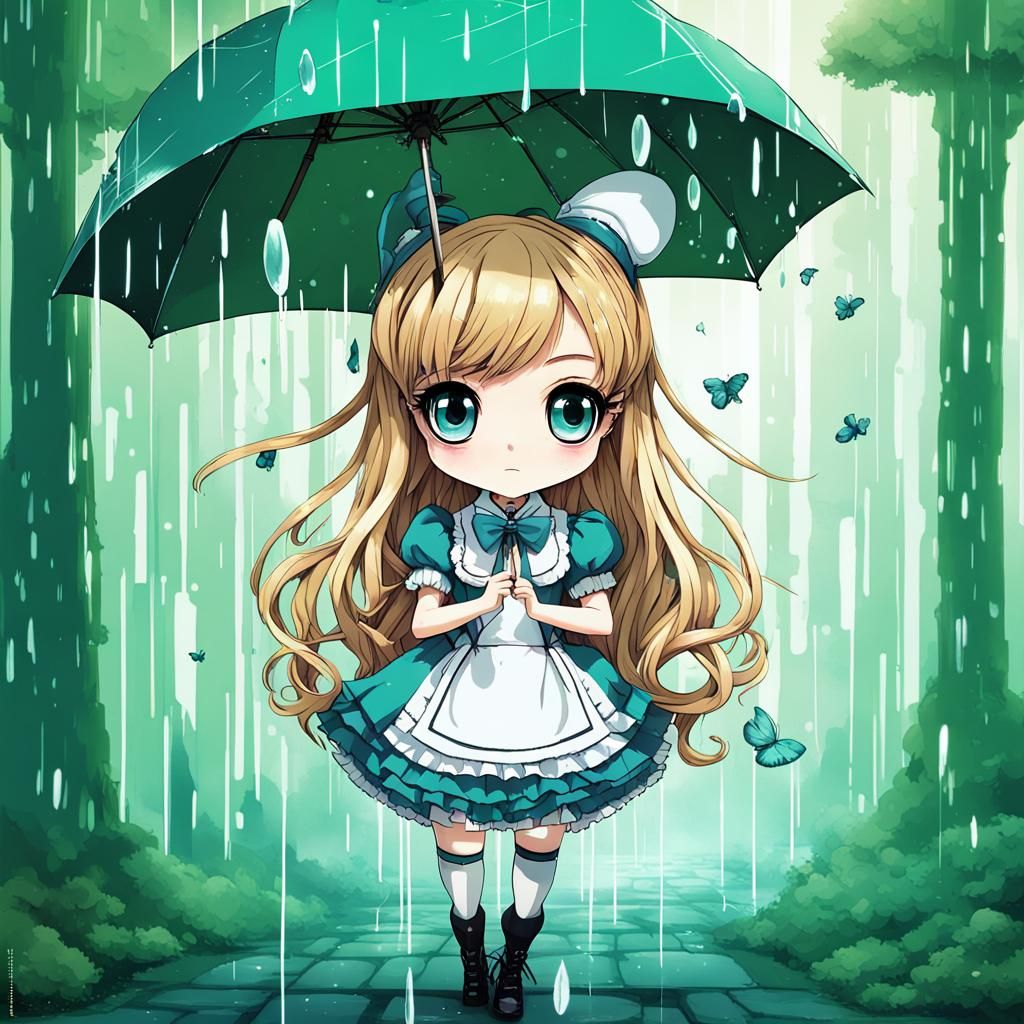 mignon Angel Chibi Alice wonderland regarde à travers l'écran, pluie ...