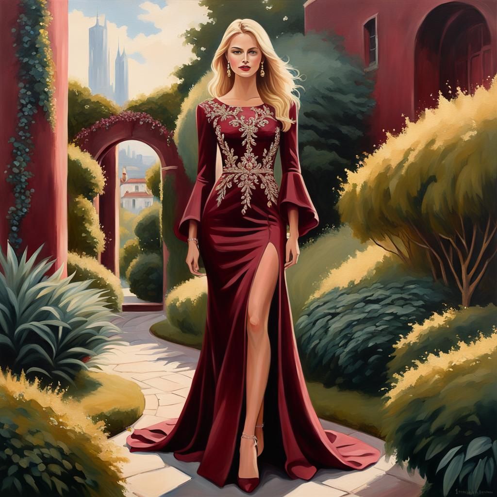 Deep Red Close Fitting Evening Gown Cartoon. Redone. - AI Generated Artwork - NightCafe Creator