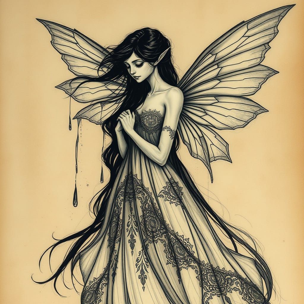 Ink Fairy v2 - Sorrowful Fairy in Charcoal and Parchment