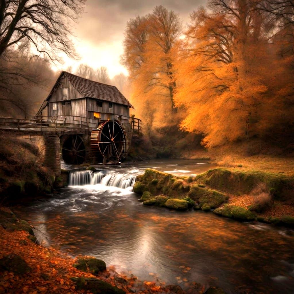 A rustic watermill nestled by a flowing river