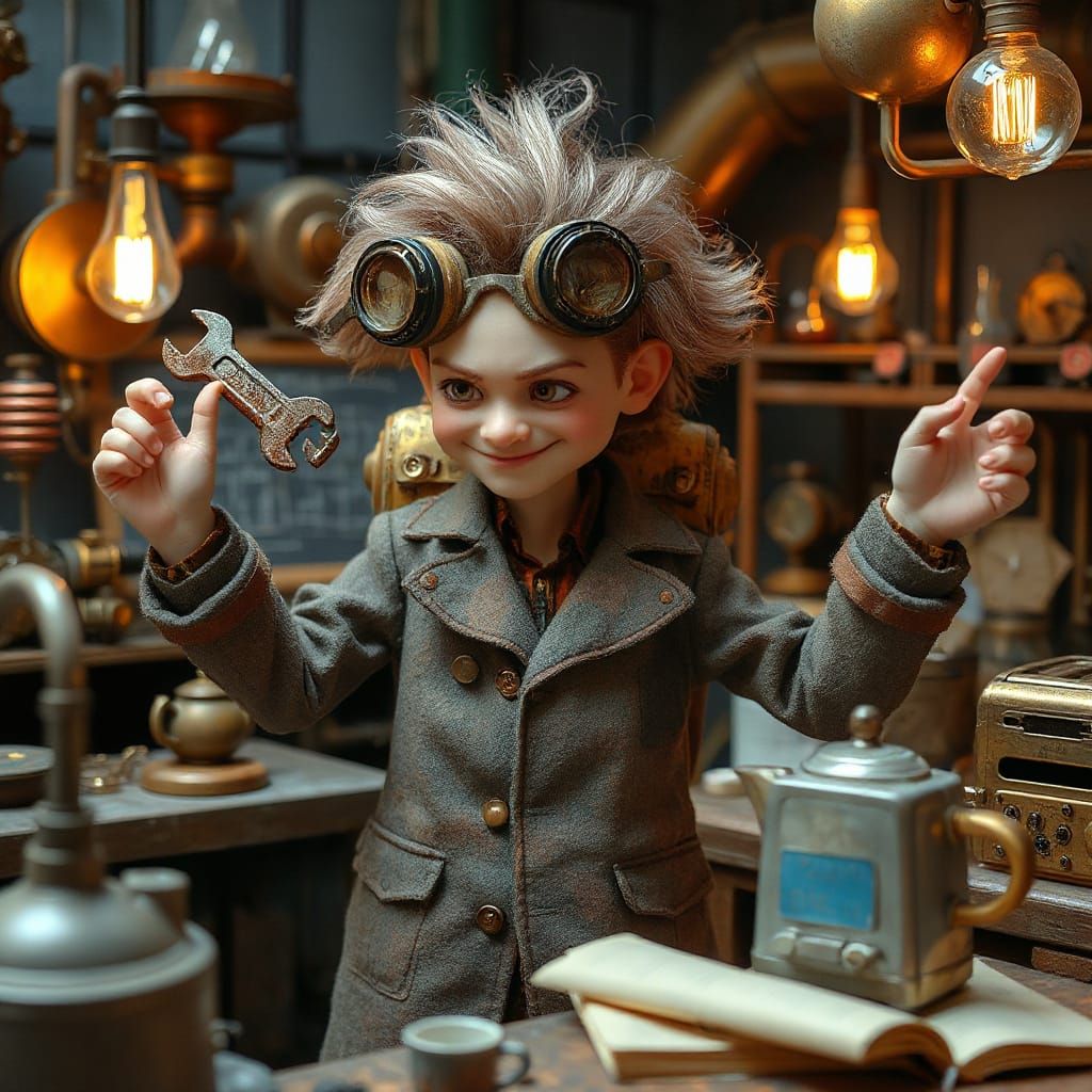 A whimsical, wild-haired inventor with oversized goggles and a ...