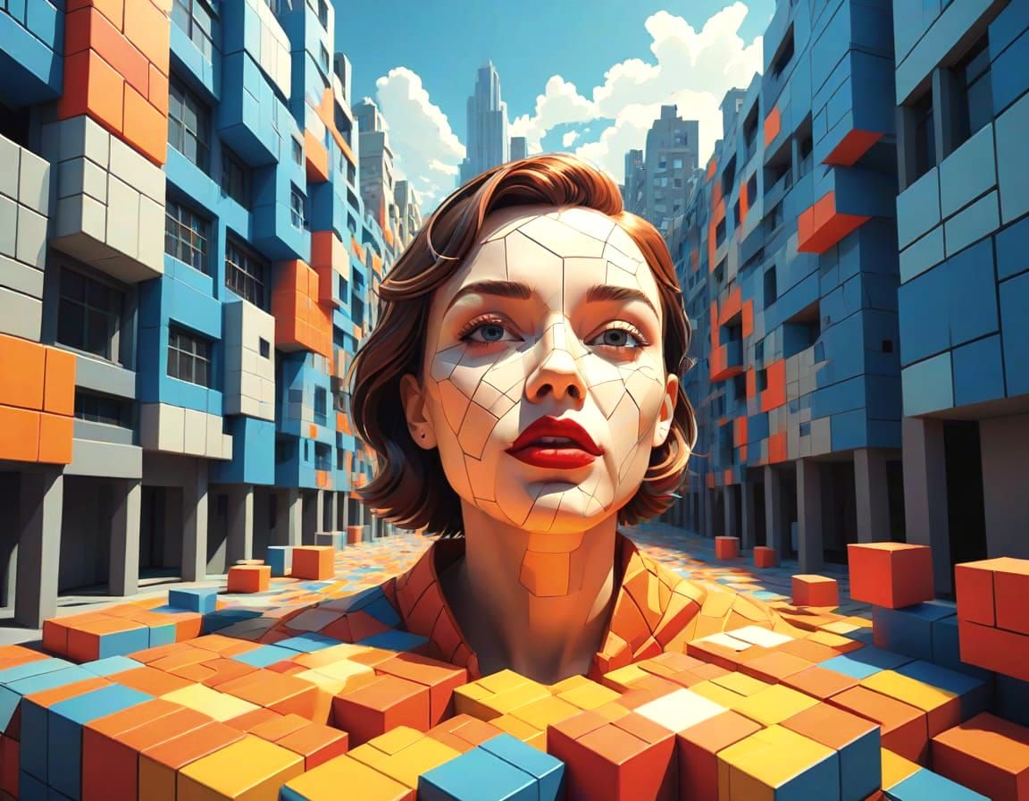 Feminine Figure in Vibrant Cityscape with Equirect... - AI Art
