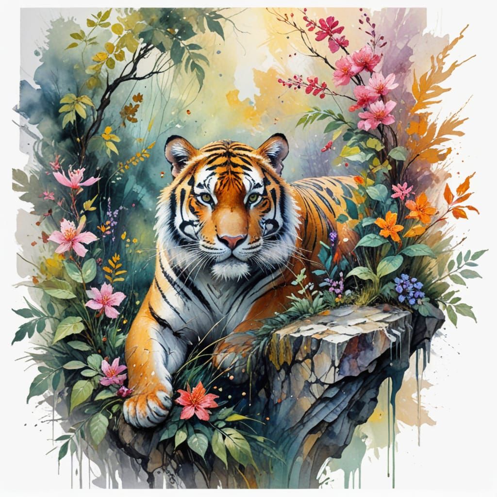 Surreal Tiger Roams Jungle Path in Vibrant Waterco... - AI Art