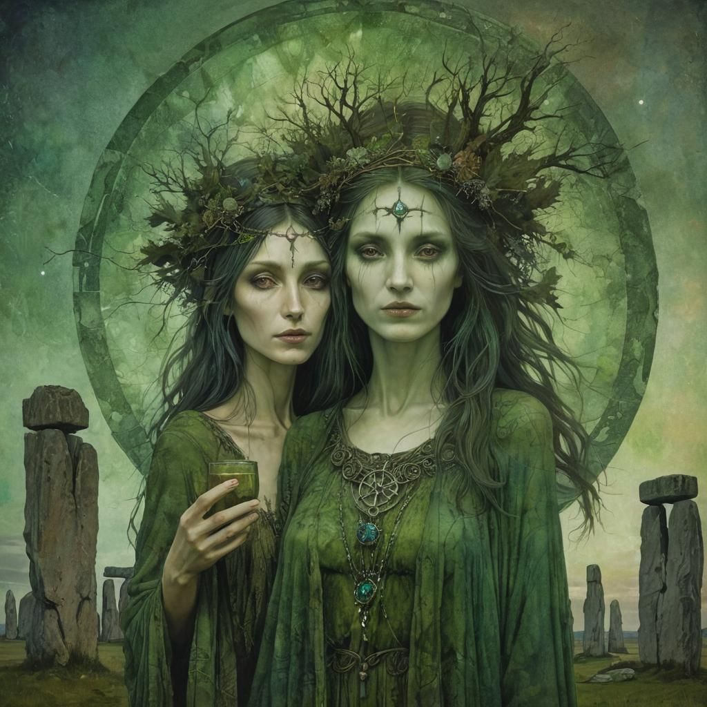 GREEN witch, DRUIDS, LITHA, Stonehenge, / alcohol ink, // double ...