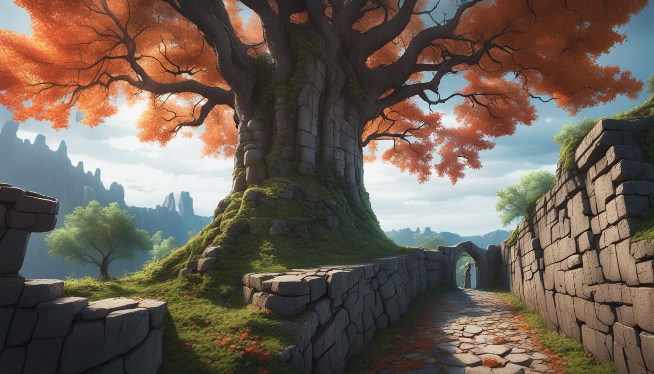 cinematic ruined castle walls, detailed cracks, close up, first person ...