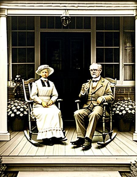 Sepia Art Illusion Edwardian Elderly Couple Portrait Porch Rocking ...