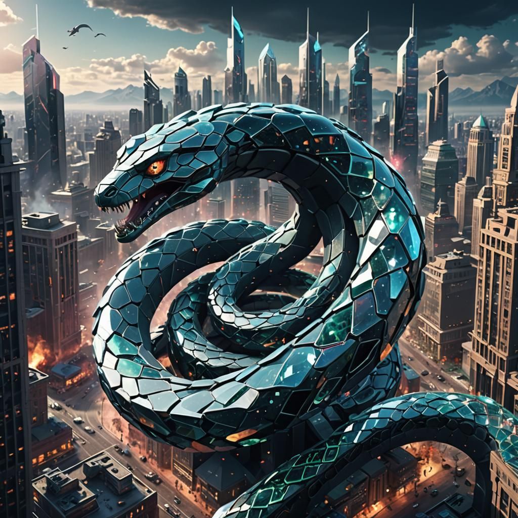 Distant Future 3d Sci-Fi giant crystal snake destroys city - AI ...