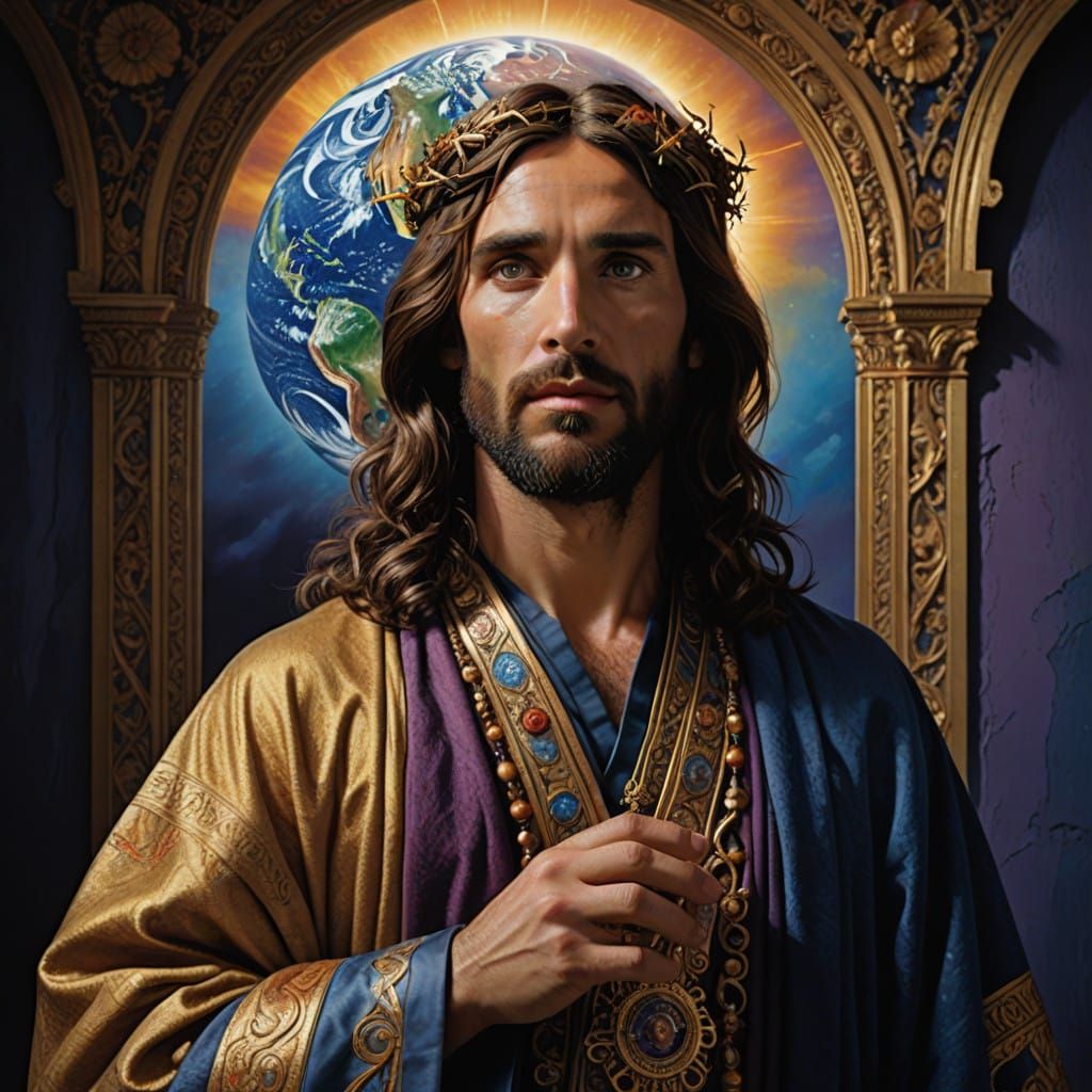 Jesus with Earth in His Hands, a Fantastical Matte... - AI Art