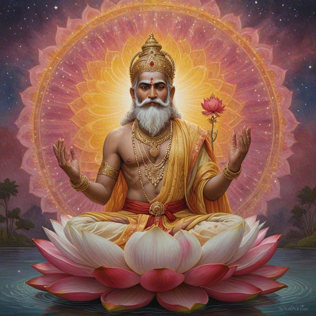 Majestic Lord Brahma Depiction in Golden Radiance - AI Art