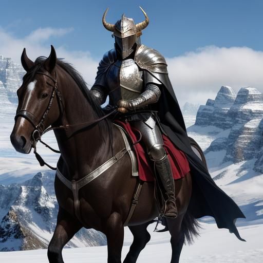 knight with a horned helm with flowing cape mountains with his horse ...