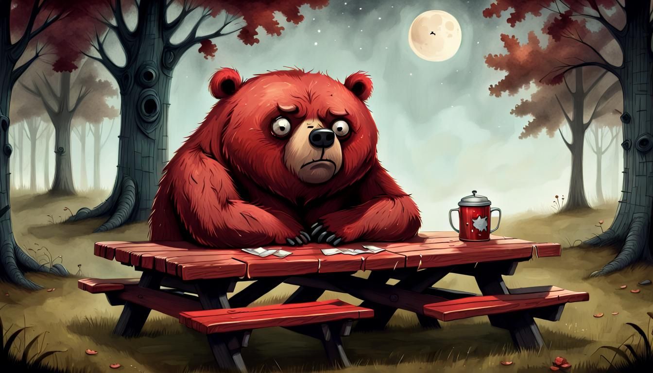 Frowning Storybook Bear Struggles to Rest - AI Art