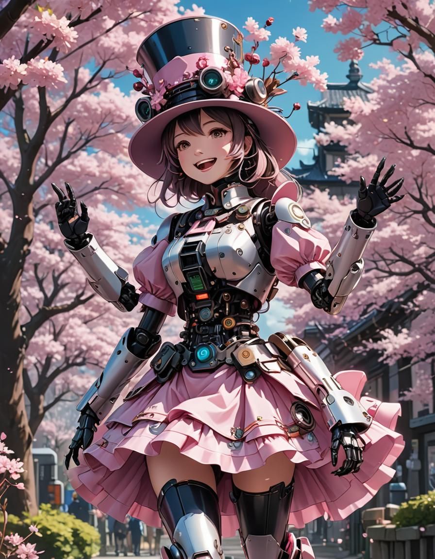 (hyper detailed cute anime art of a cute robot girl laughing and waving ...