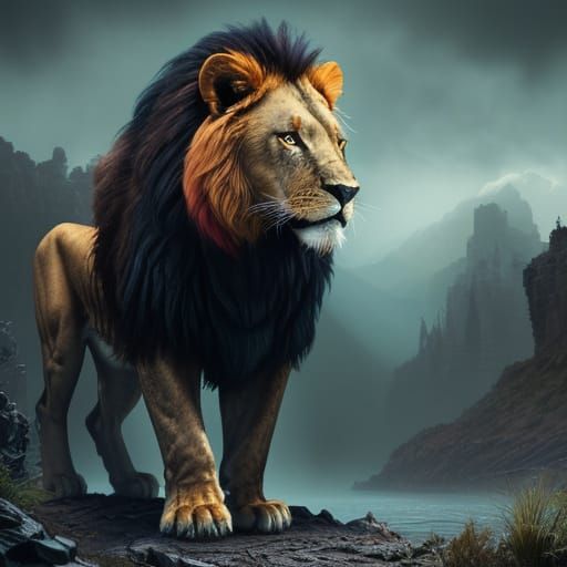 majestic lion near black panther with green eyes realistic 8k ...