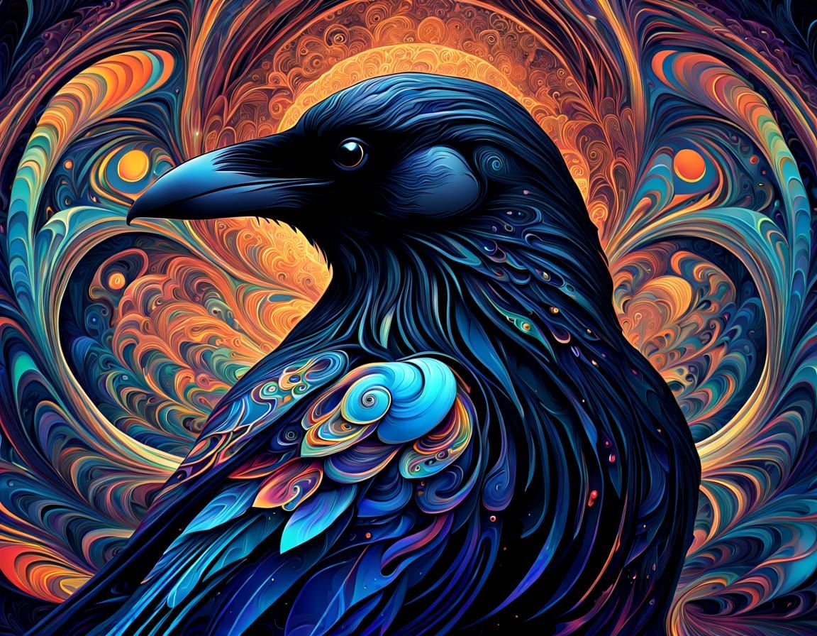 Ethereal Raven Abstracts in Vibrant Fractal Waves - AI Art