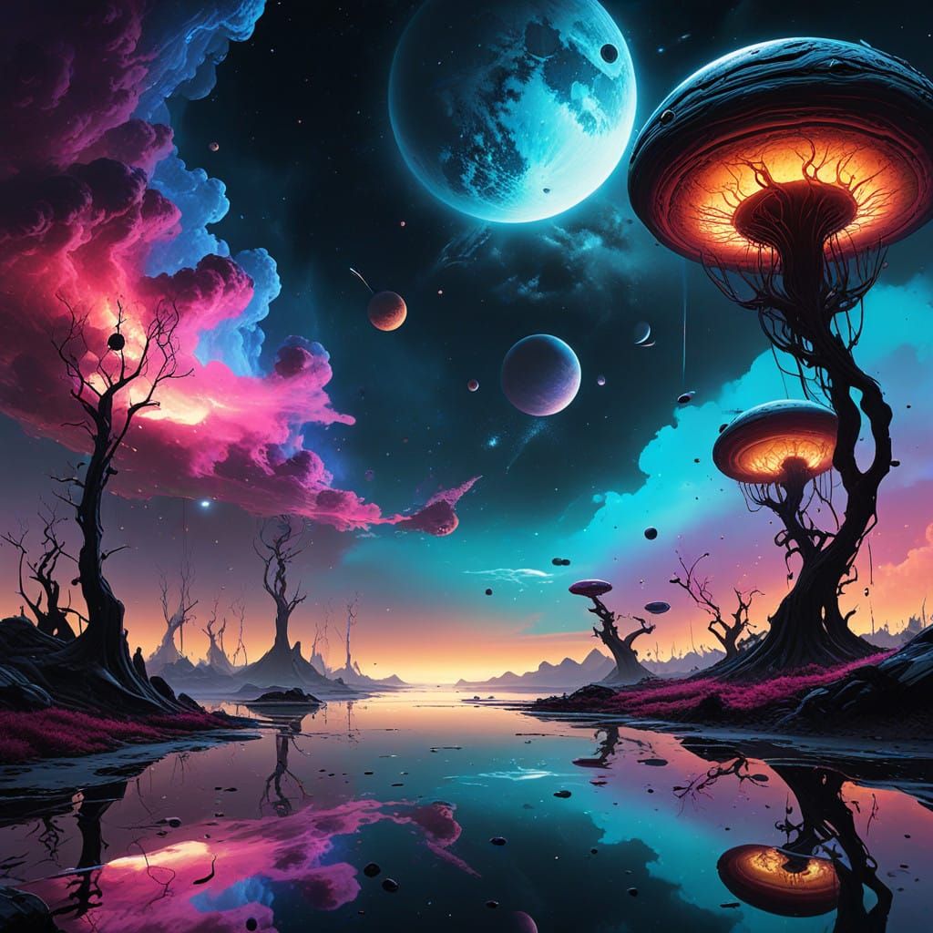 Swirling moons and planets and galaxies, AI inspired splotches, random ...