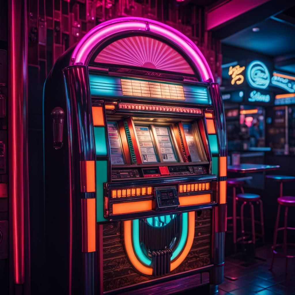 80's coin-operated jukebox in night cafe, Vaporwave Aesthetic Style ...