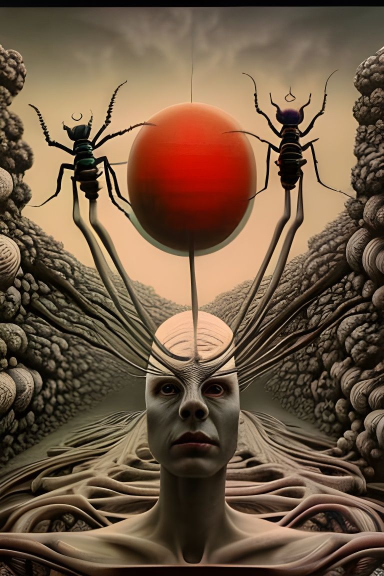 insect, blood vessels, dystopian surrealism, art style zdzisław ...