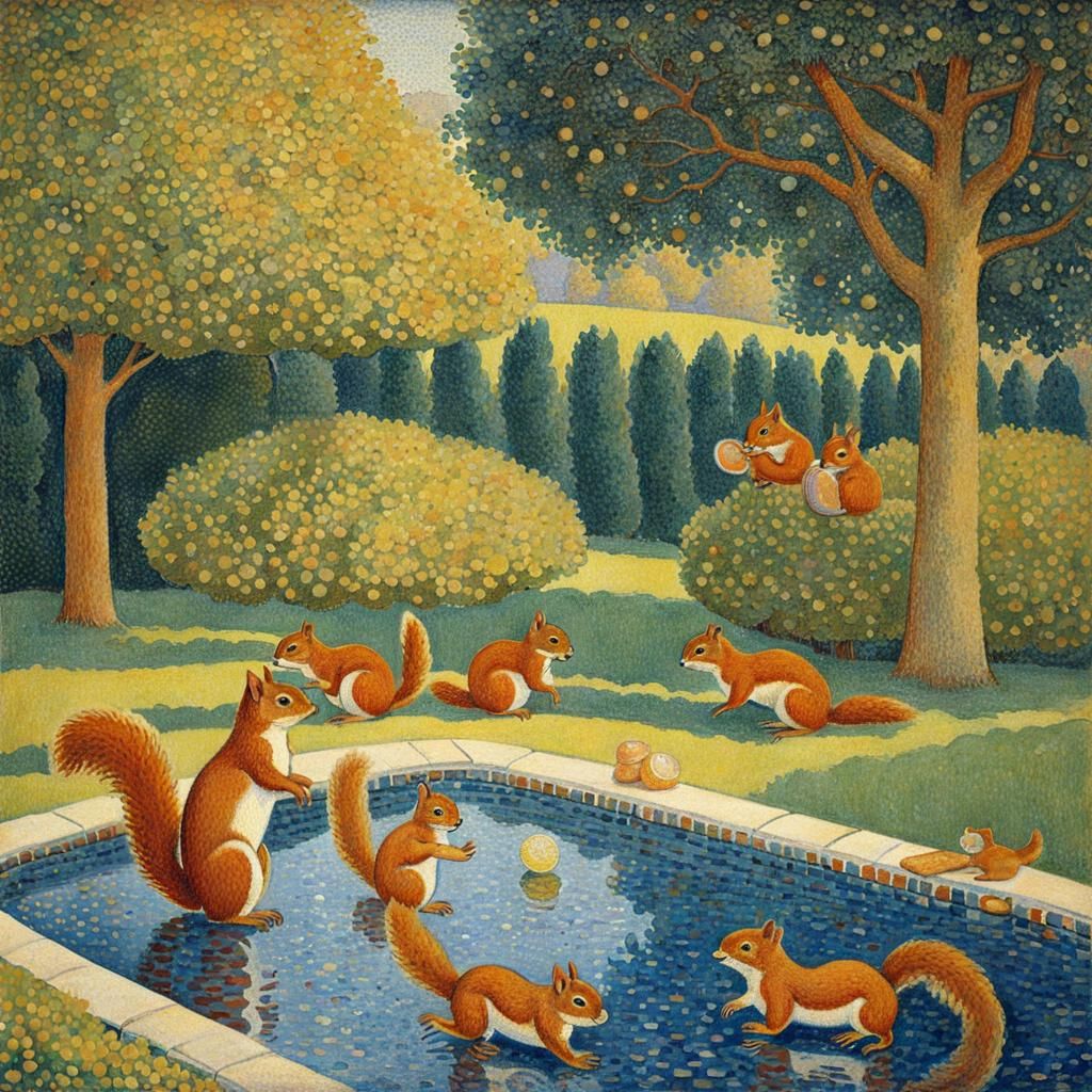 Squirrels playing in the swimming pool while eating sweets ...