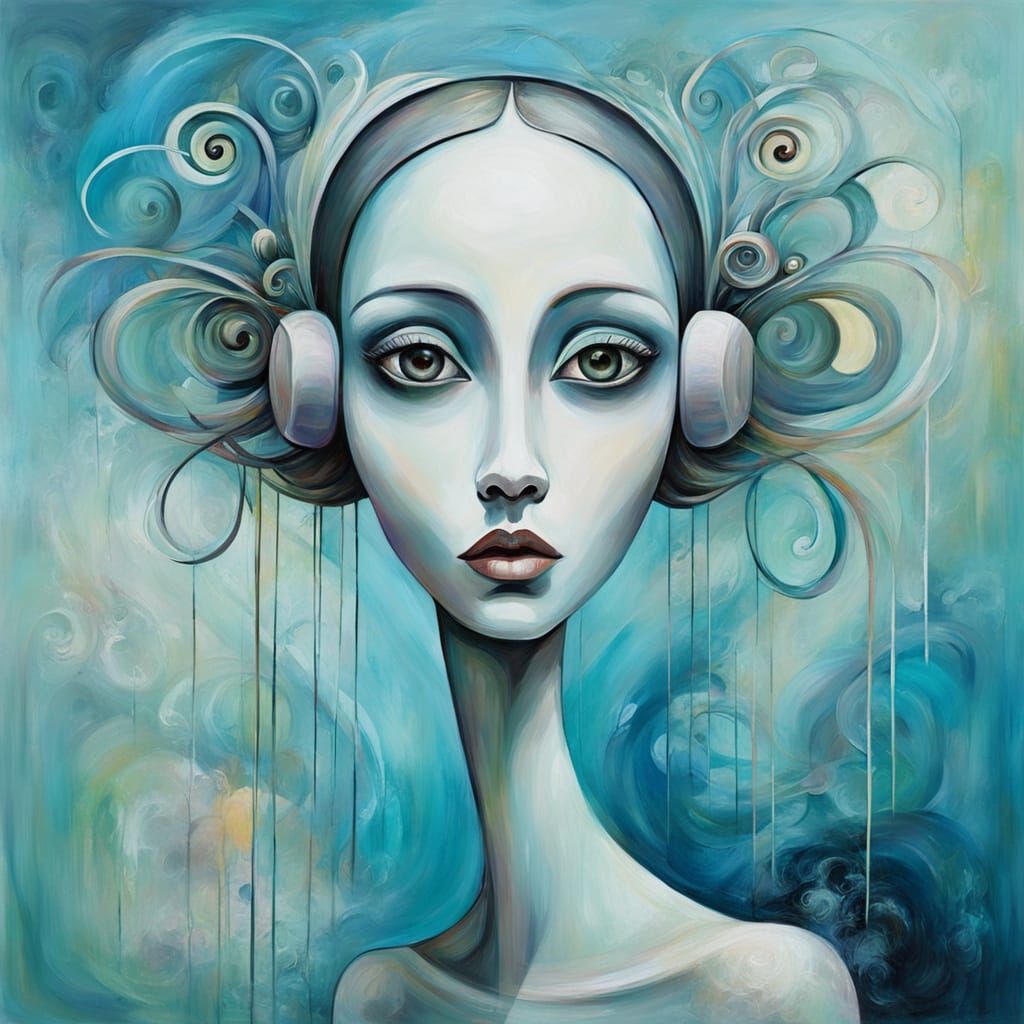 Surreal whimsical painting of a stunning opera singer with elongated ...
