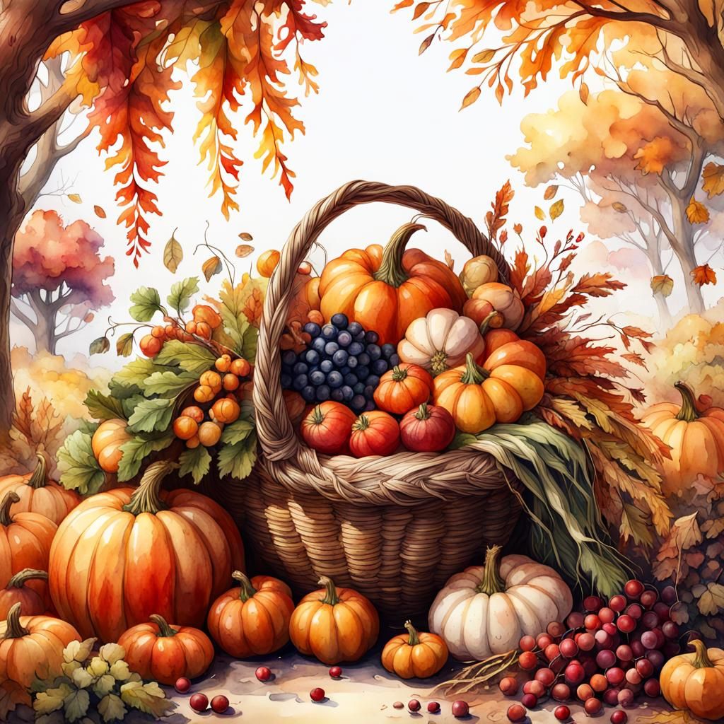 watercolor painting a traditional cornucopia overflowing with an ...