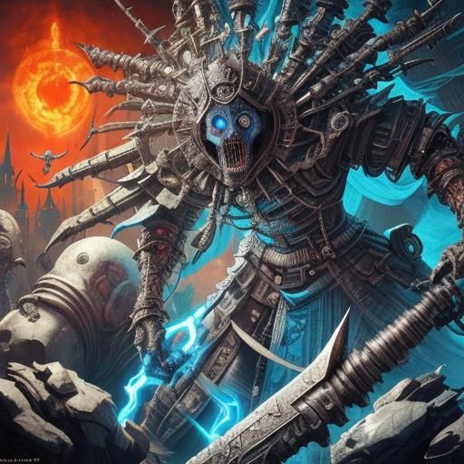 An evil God, attacked by a bloodborne style steampunk Grim Reaper robot ...