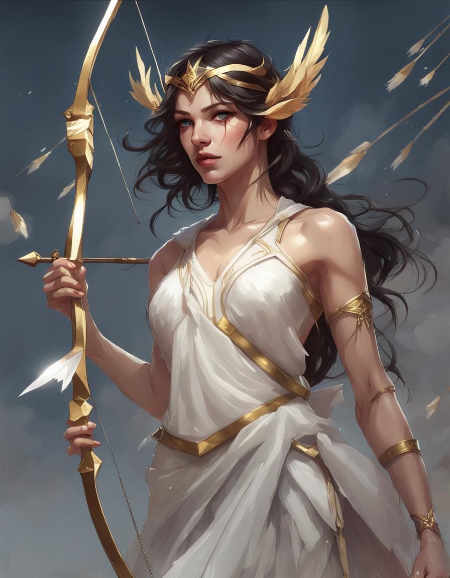 Artemis, dark hair, moon tiara, white knee length dress, golden calf length sandals , hunting ...