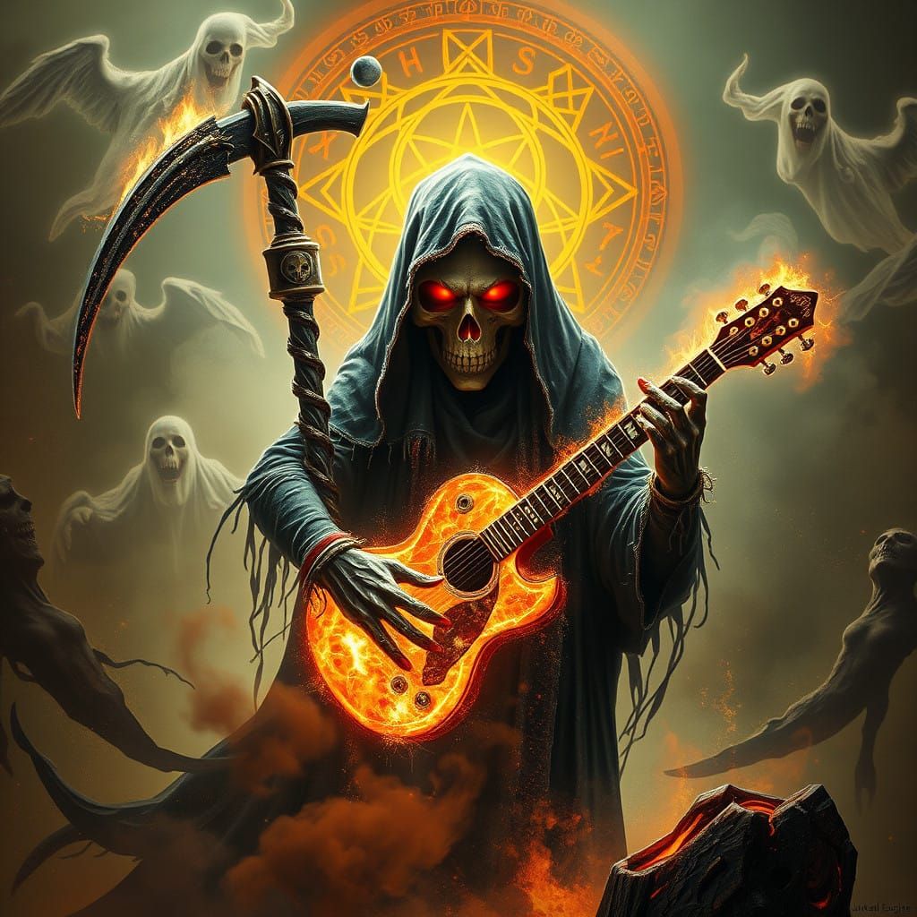 Grim Reaper Emerges from Mist, Guitar in Hand, wit... - AI Art