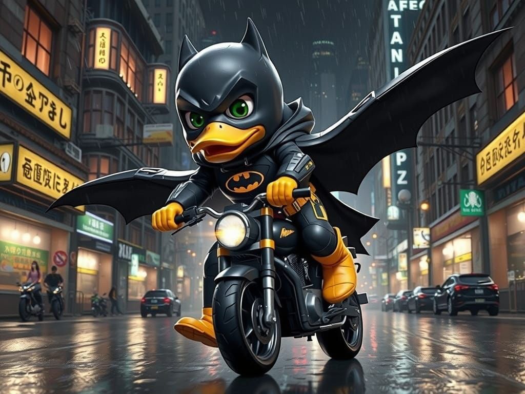 Chibi Batman Duck Zooms Through Gotham City in a S... - AI Art