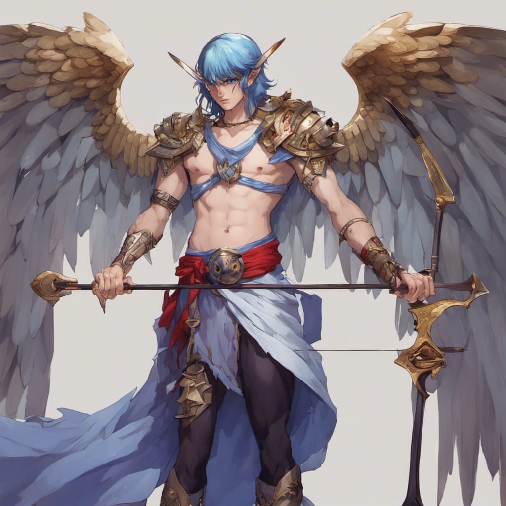 young, male, angel wing, blue hair, one red eye and one purple eye ...