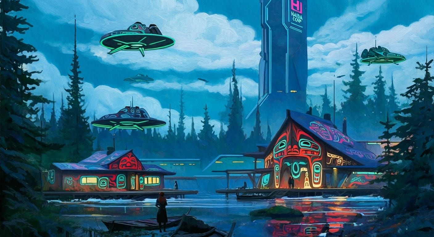 Southeast Alaska coast, Haida Nation village, transformed into a ...