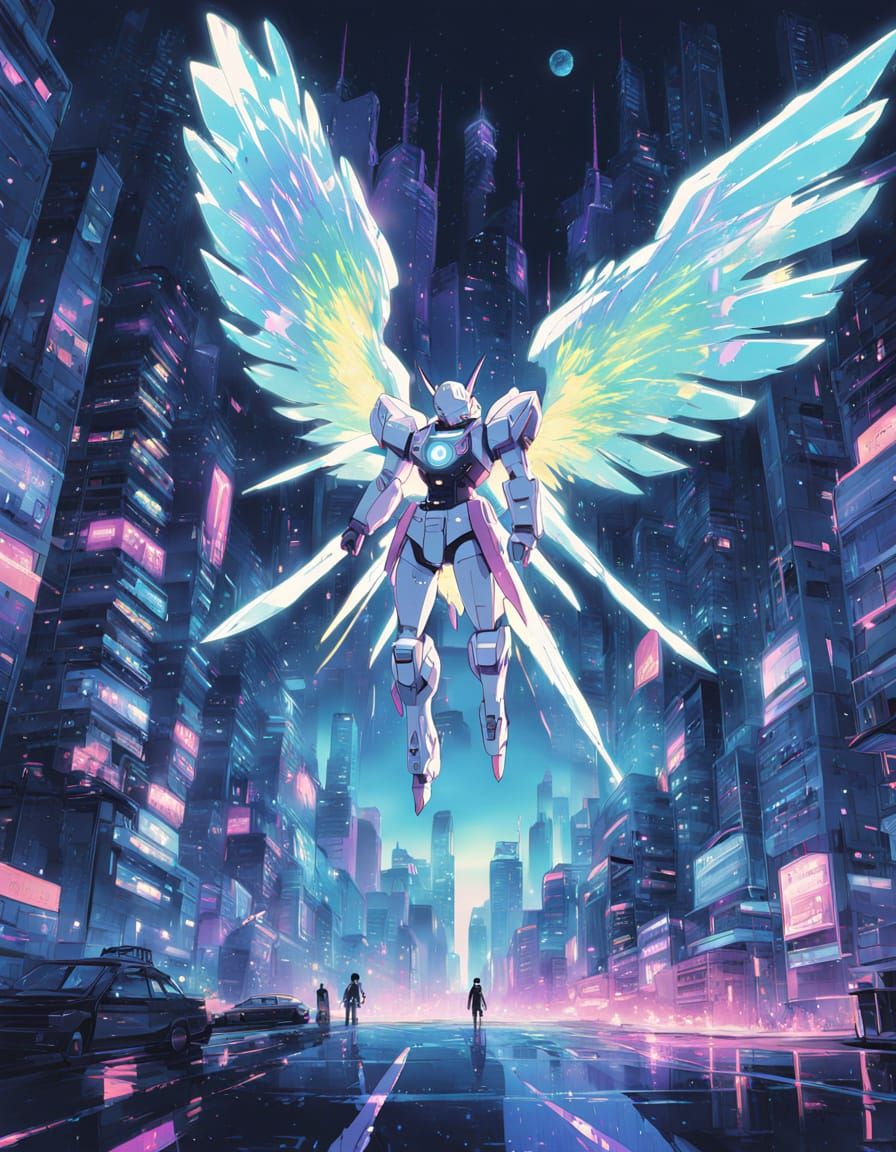 Surreal Mecha Angel Ascends in Vibrant Synthwave C... - AI Art